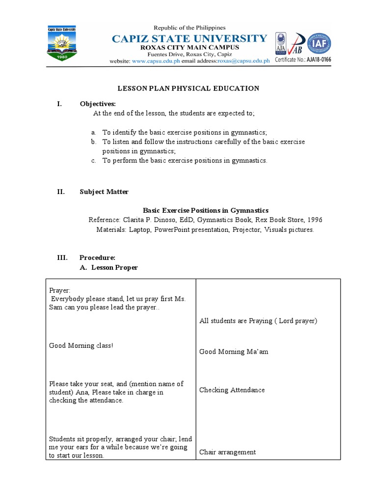Lesson Plan Physical Education I. Objectives | Download Free PDF | Foot