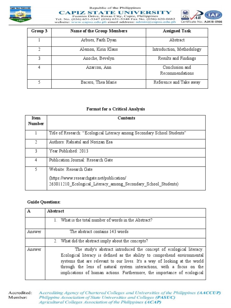 Group 3 BPED 3A Critical Analysis | PDF | Ecology | Literacy