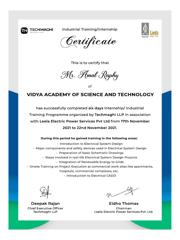 Internship Certificate in Electrical Design | PDF