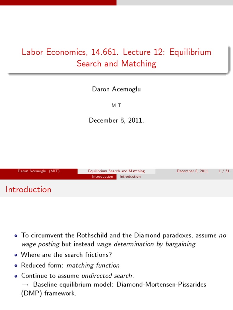 Labor Economics, 14.661. Lecture 12: Equilibrium Search and Matching | PDF | Labour Economics ...