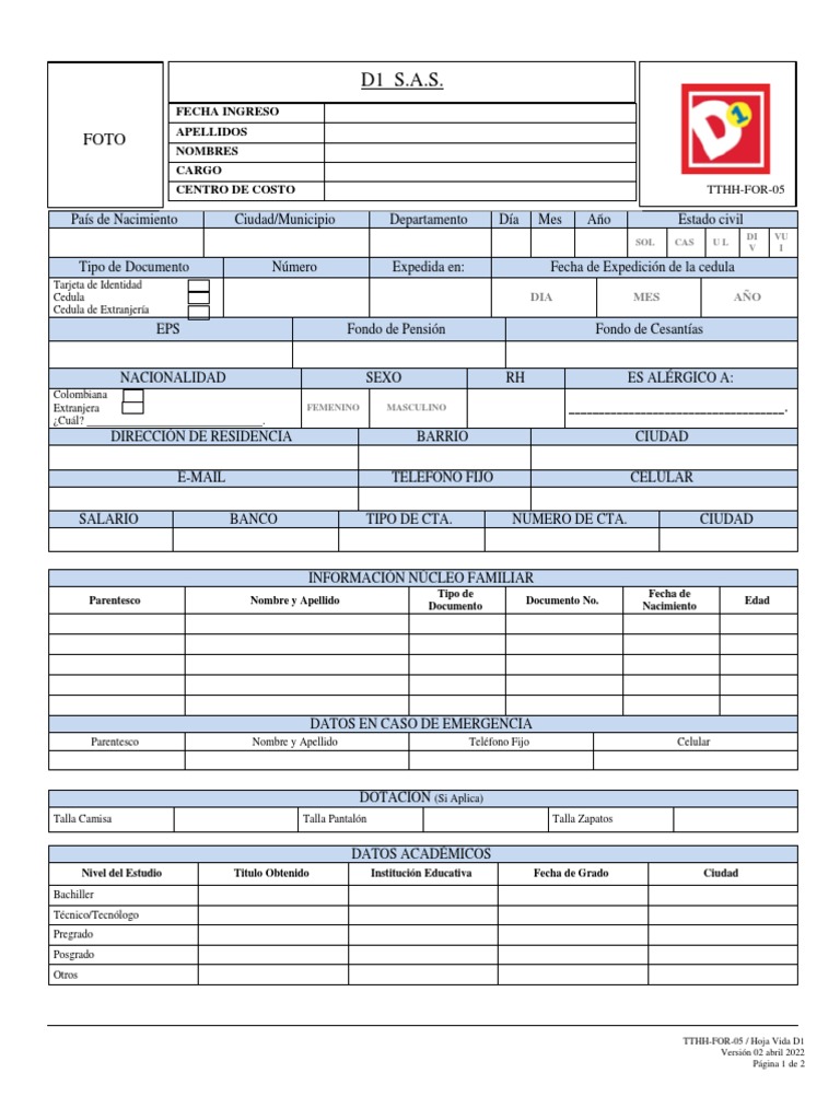 Formato Hoja de Vida d1 | PDF