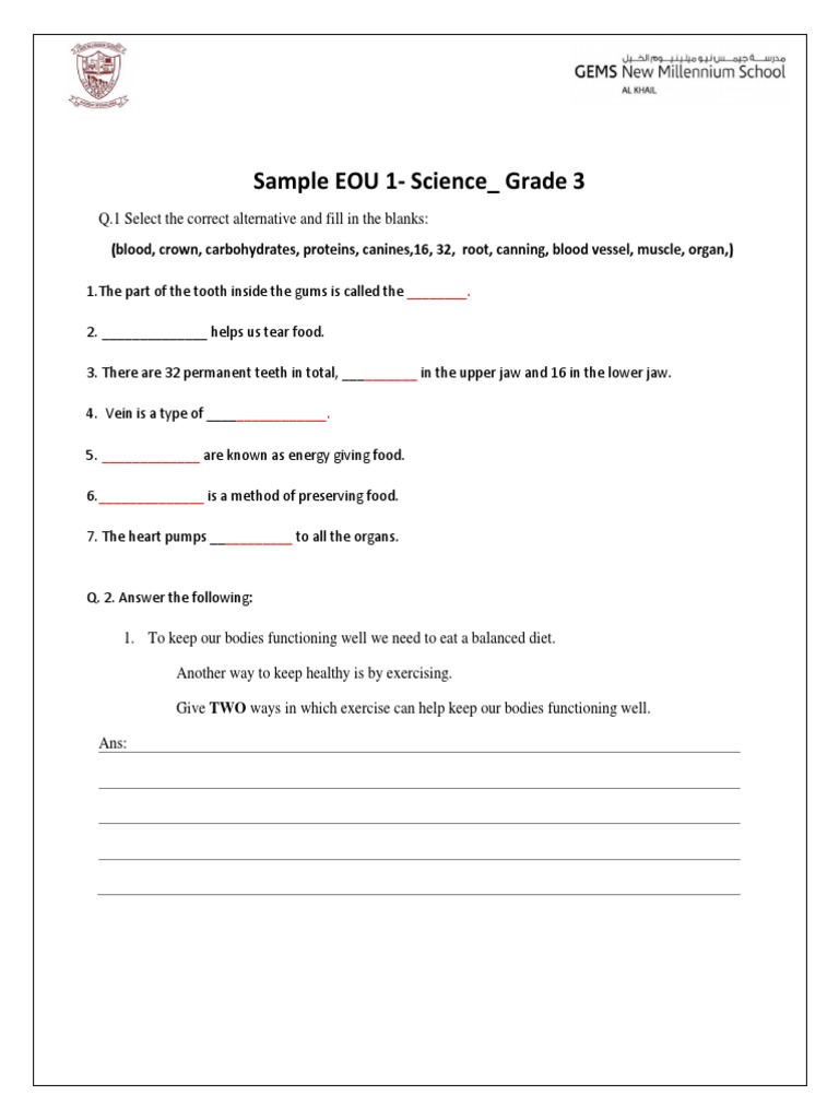 Sample EOU 1-Science - Grade 3 | PDF | Wellness