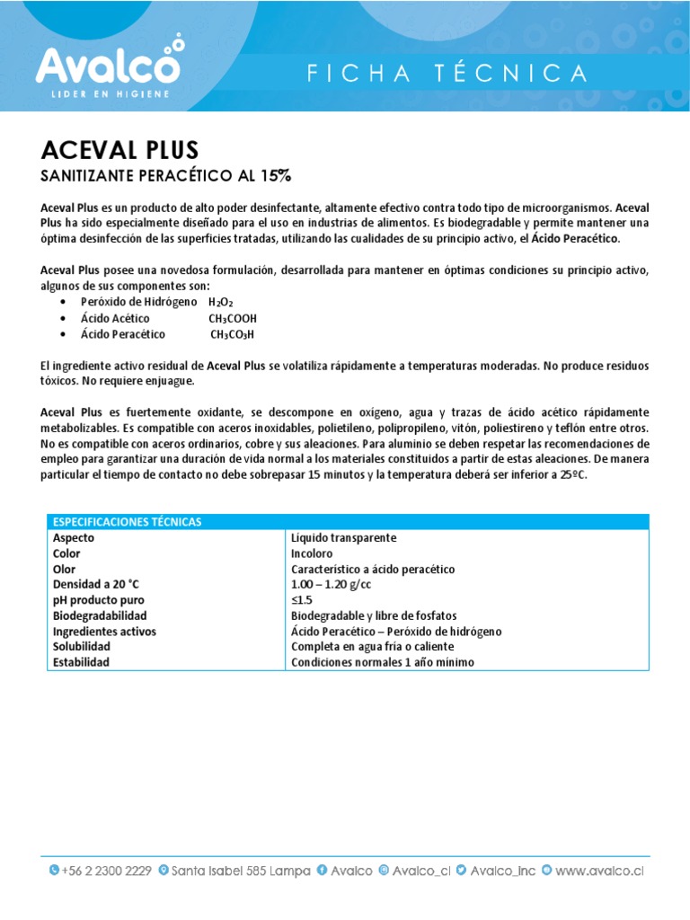 Aceval Plus: Sanitizante Peracético 15% | PDF | Peróxido de hidrógeno ...