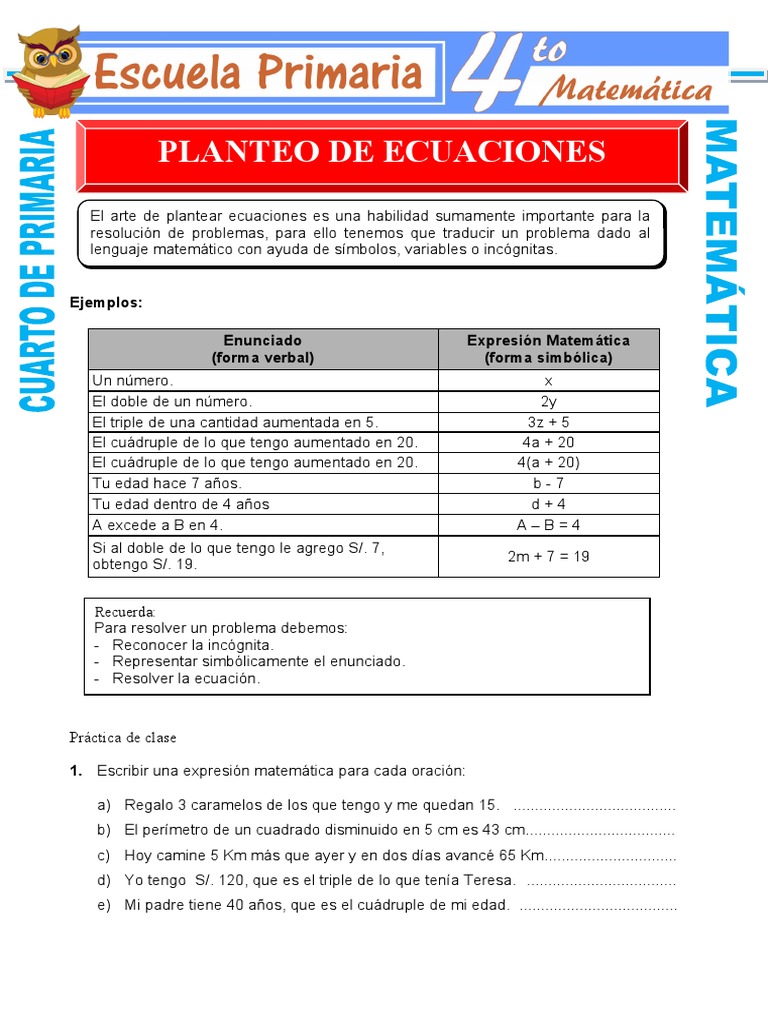 Planteo de Ecuaciones para Cuarto de Primaria | PDF | Ecuaciones | Matemáticas