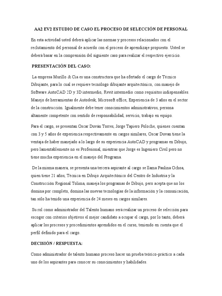 Aa2 Ev2 Estudio de Caso El Proceso de Selección de Personal | PDF | Gestión de recursos humanos ...