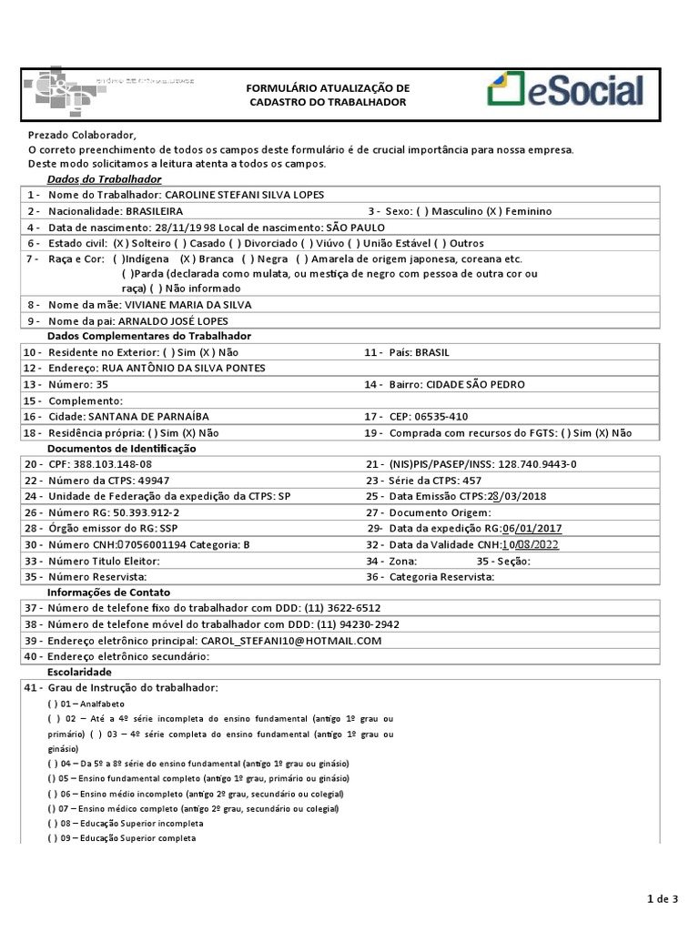 Formulario de Registro o E-Social | PDF