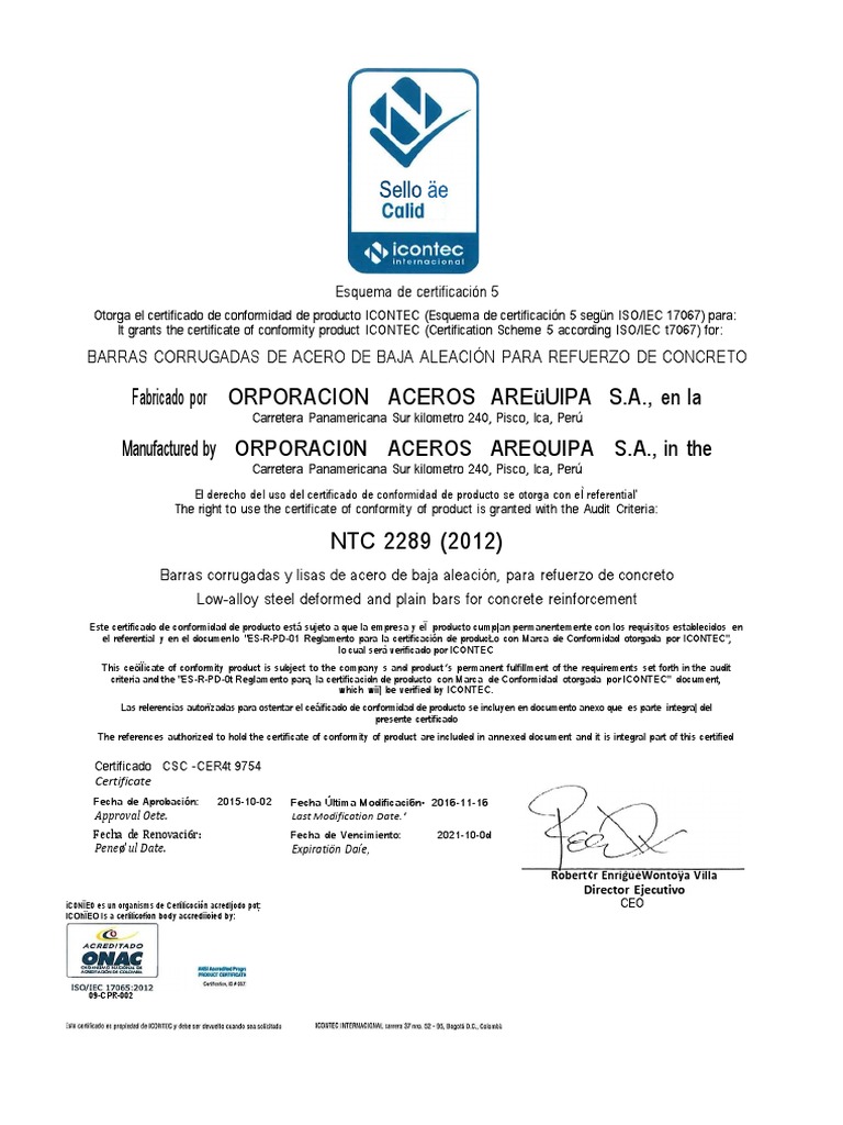 Certificado NTC 2289 | PDF | Materiales de construcción | Materiales