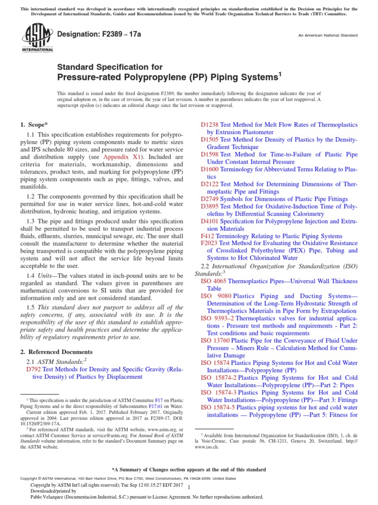 Astm F 2389 - 2017a | PDF | Pipe (Fluid Conveyance) | Building Materials