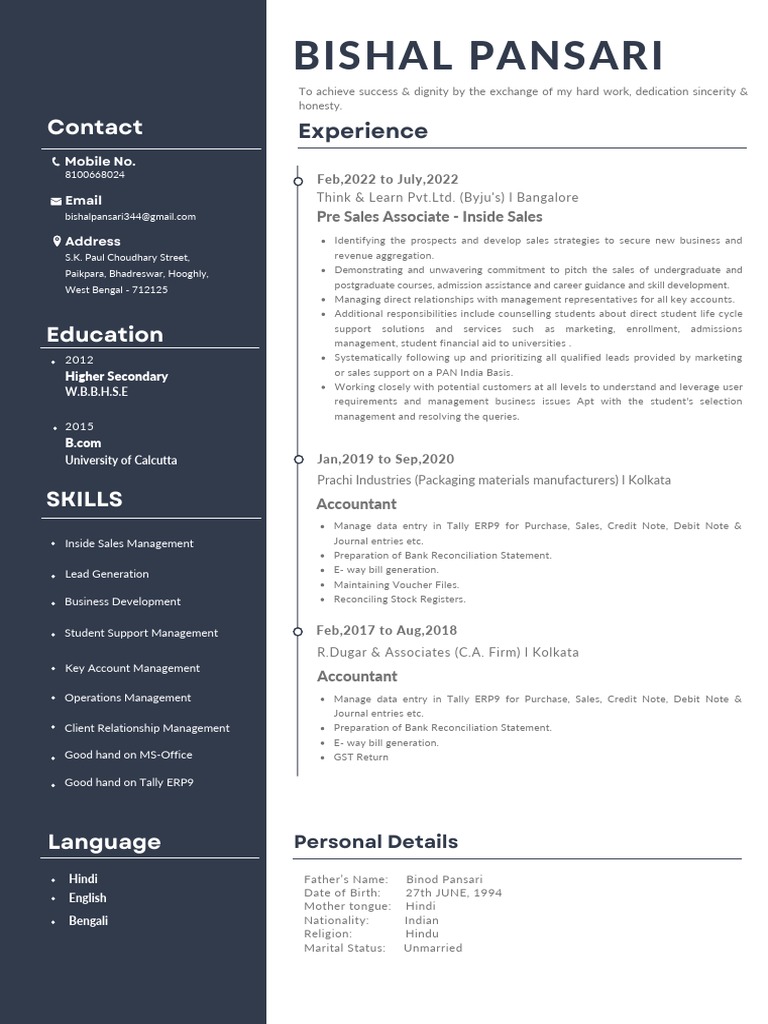 Bishal Pansari-CV Resume | PDF | Sales | Kolkata