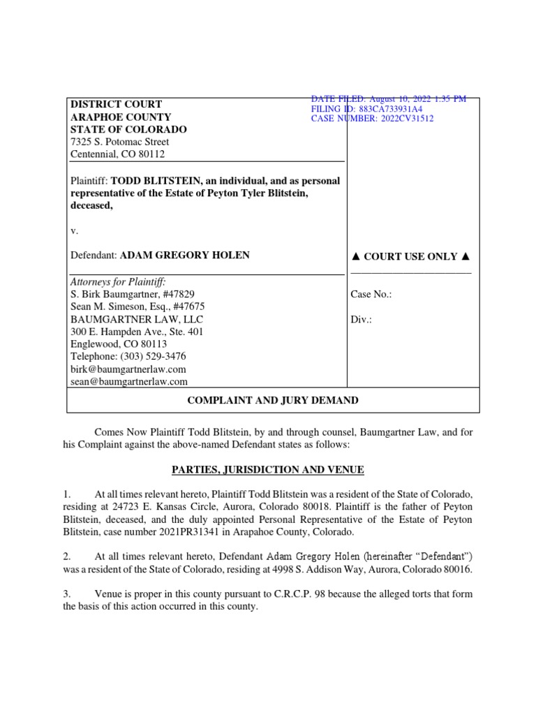 Todd Blitstein v. Adam Holen | PDF | Damages | Negligence