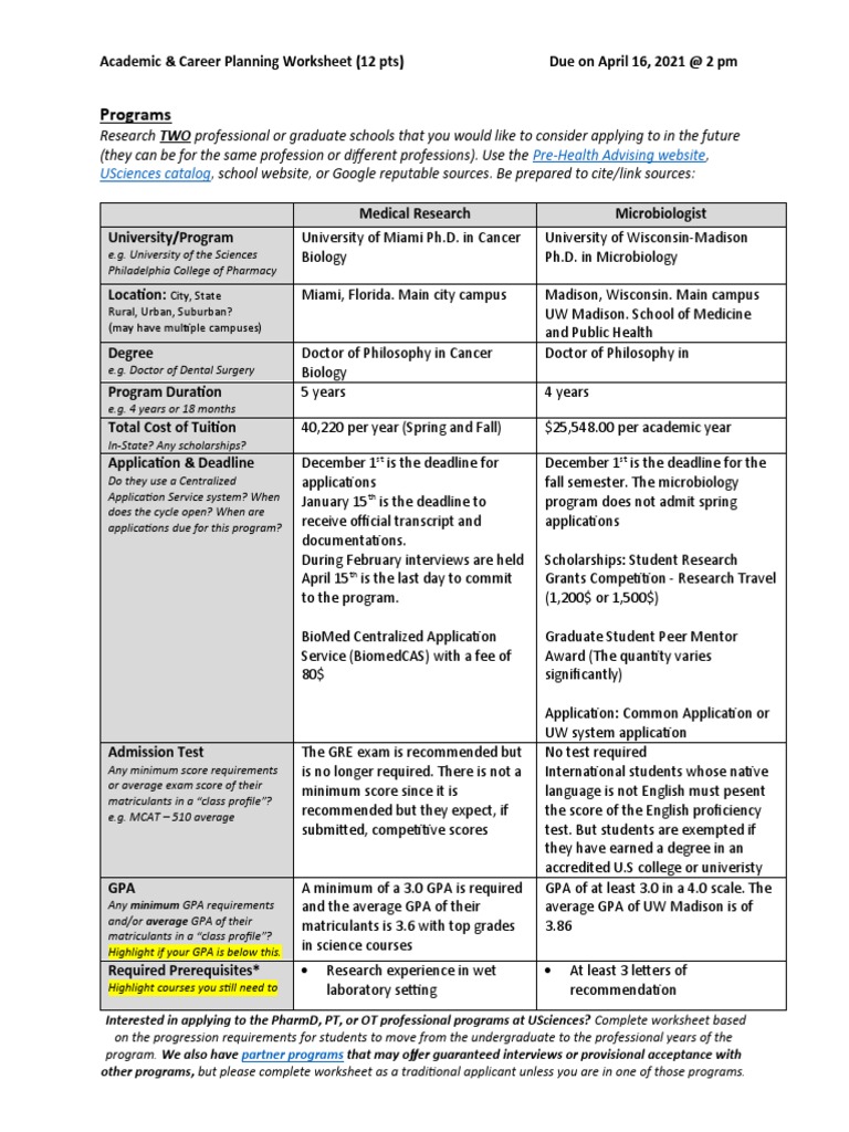 Academic & Career Planning Worksheet | PDF | University And College ...