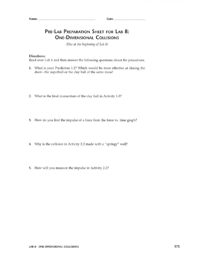 Pre-Lab Preparation Sheet For Lab One-Dimensional Collisions | PDF ...
