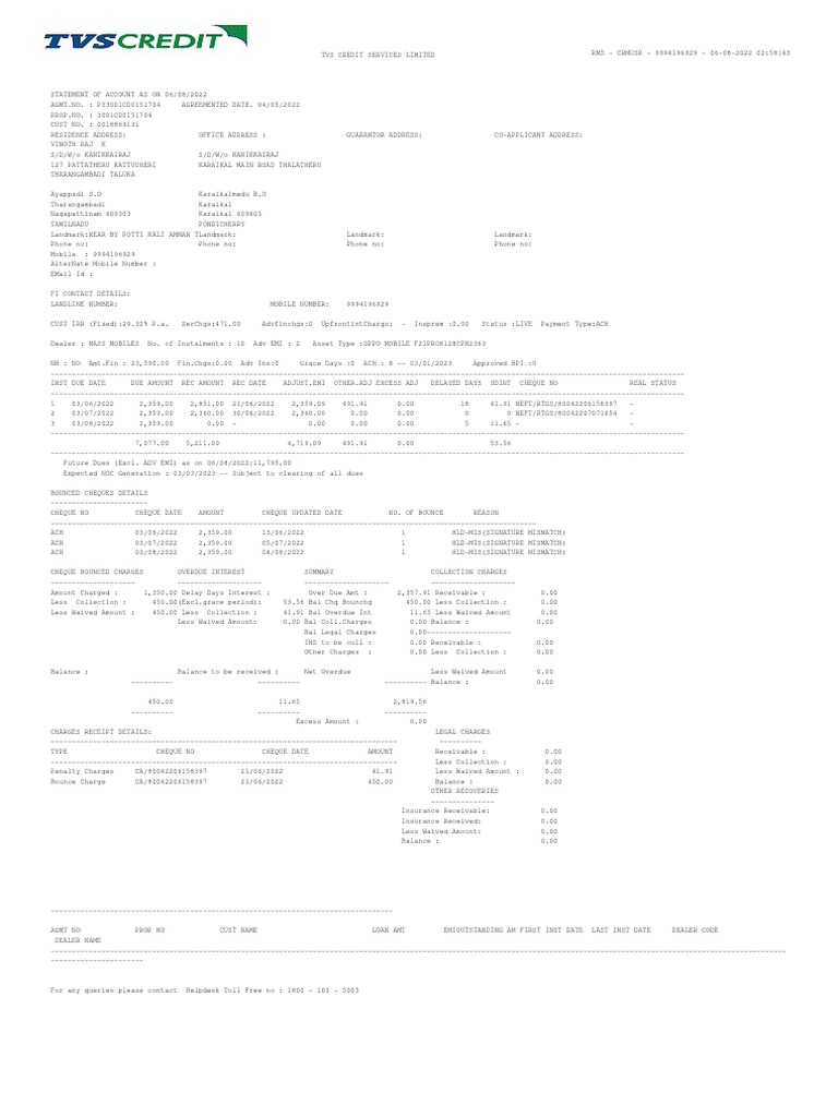 TVS Credit account statement summary | PDF | Business | Financial Services
