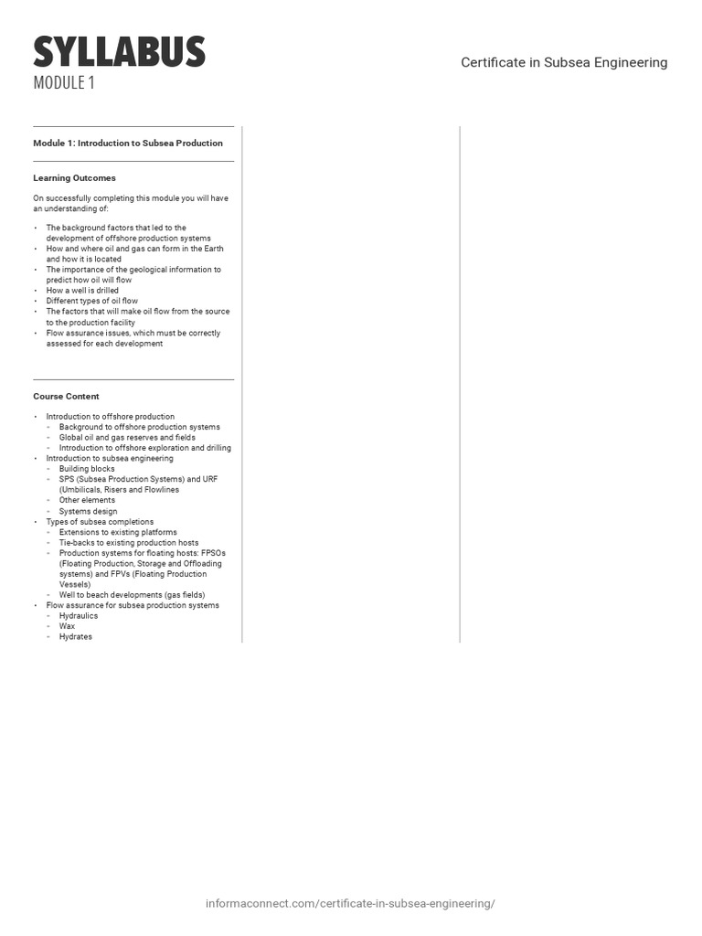 Syllabus: Certificate in Subsea Engineering | PDF | Subsea (Technology)