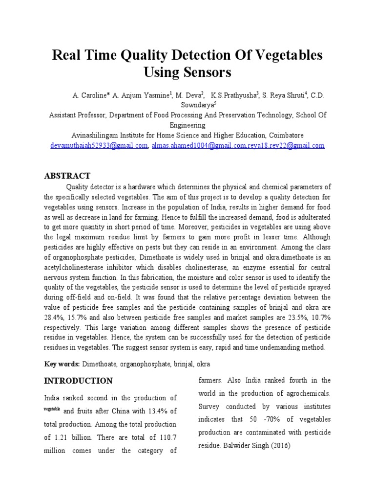 Real Time Quality Detection of Vegetables Using Sensors: Key Words ...