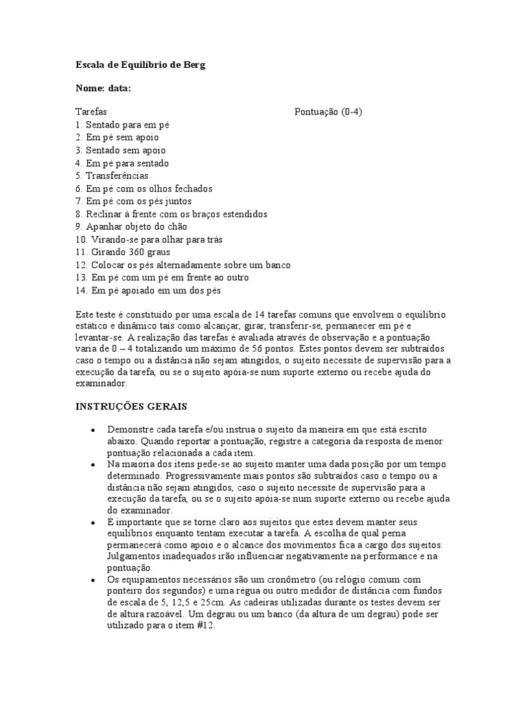 Escala de Equilíbrio de Berg | PDF | Pé (unidade de medida) | Tempo