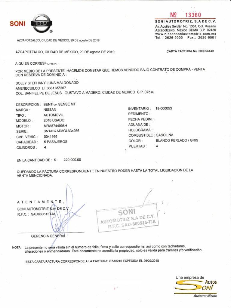 Carta Factura para Vehículo Nissan | PDF | Coche | Transporte privado