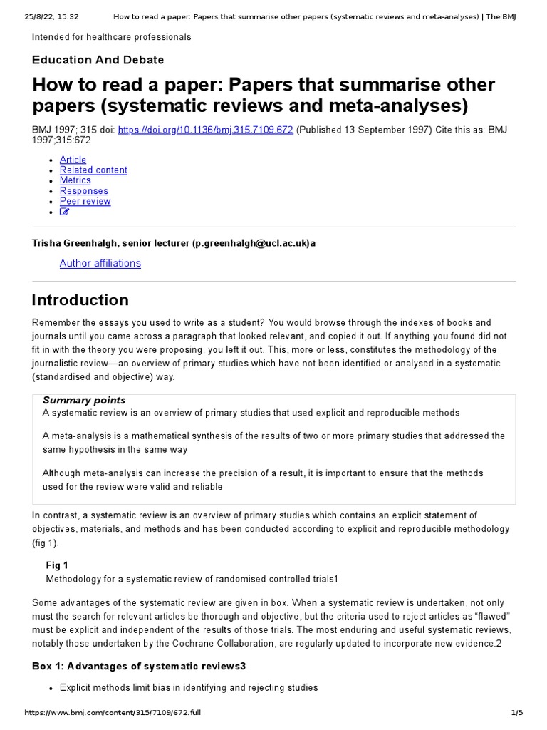 How To Read A Paper - Papers That Summarise Other Papers (Systematic ...
