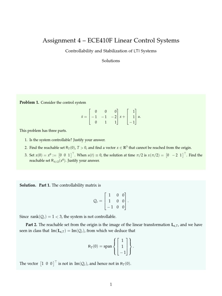 Assignment 4 - ECE410F Linear Control Systems: Controllability and Stabilization of LTI Systems ...