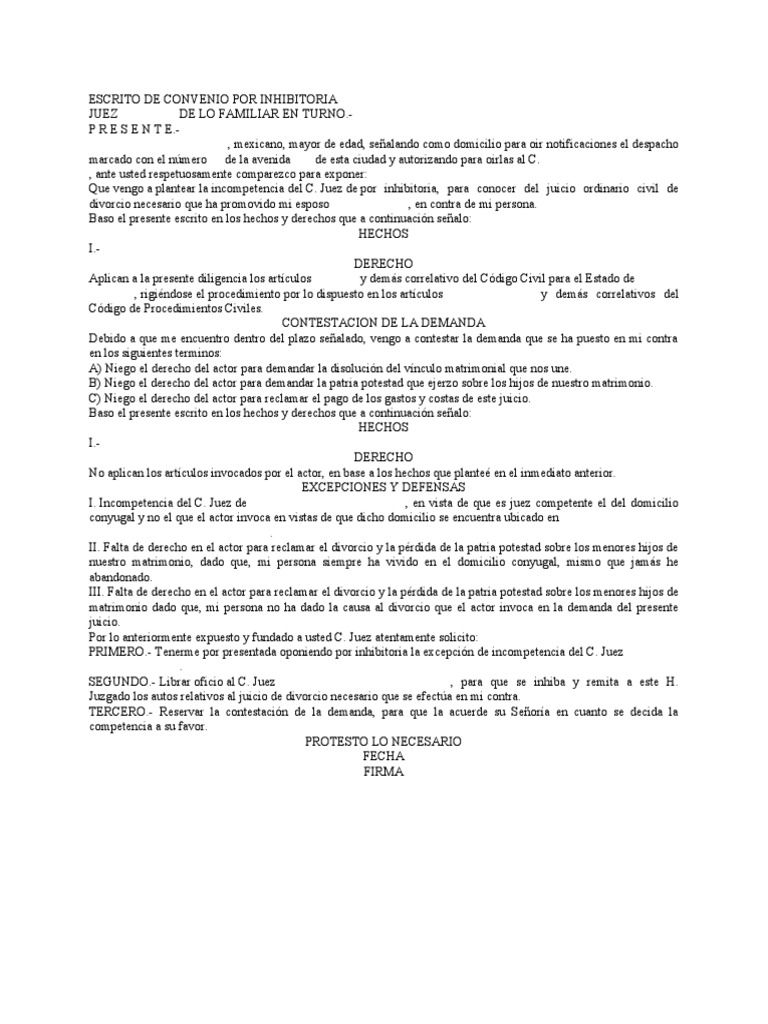 Escrito de Convenio Por Inhibitoria | PDF | Divorcio | Demanda judicial