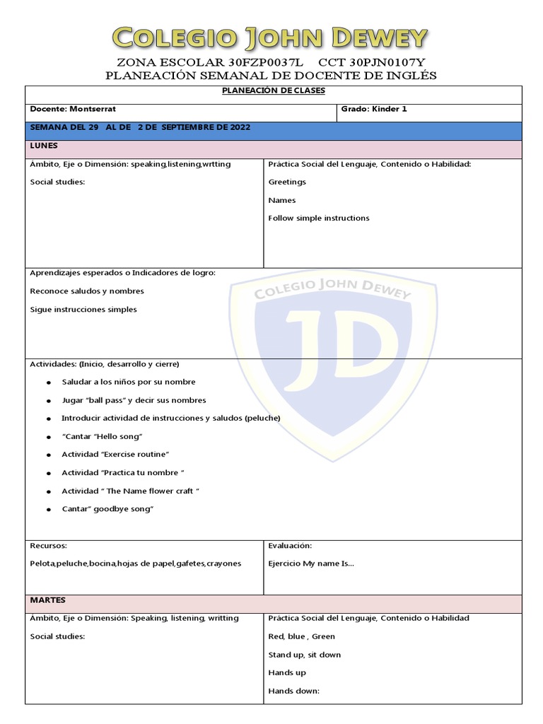 Planeación 22-23 Inglés Kinder 1 | PDF | Aprendizaje | Cognición