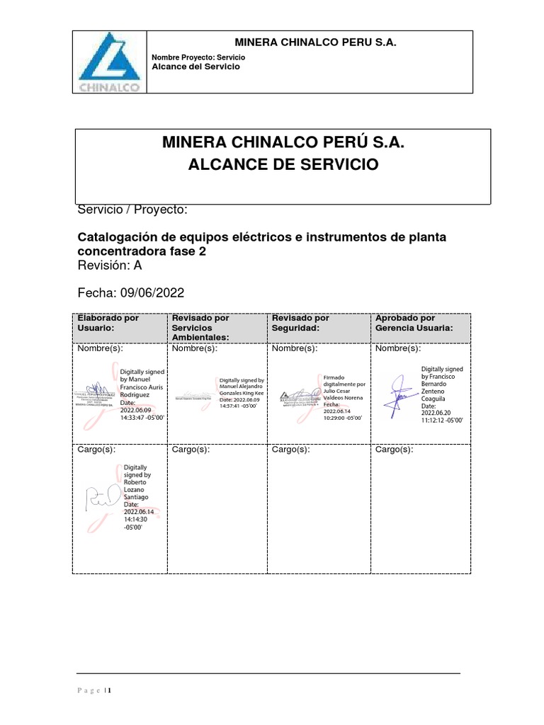 Minera Chinalco Perú S.A. Alcance de Servicio | PDF | Perú | Matriz ...