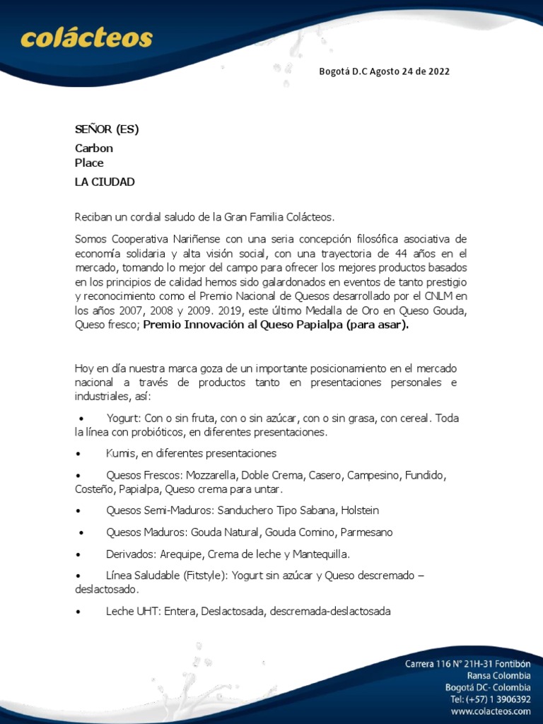 Carta Presentacion y Lista de Precios 1 | PDF | Queso | Cocinando