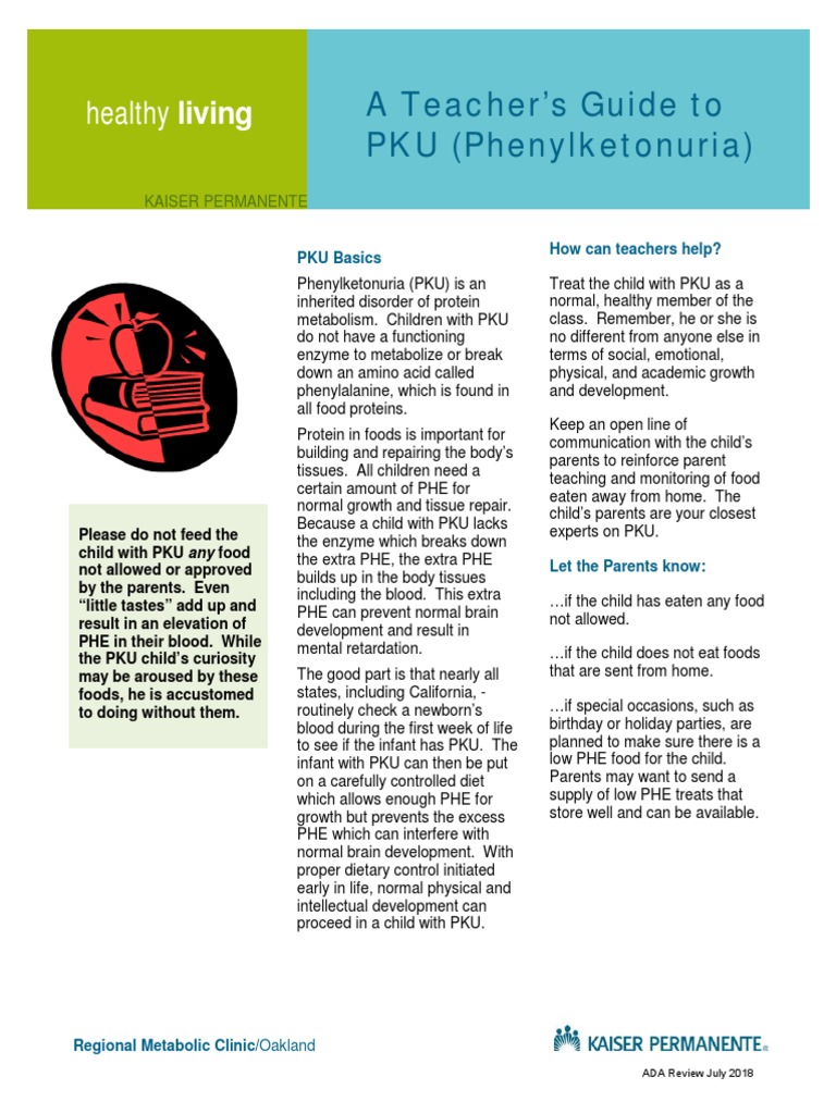 Healthy Living: A Teacher's Guide To PKU (Phenylketonuria) | PDF | Phenylalanine | Nutrition