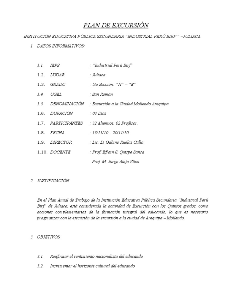 Plan de Excursión Escolar a Arequipa | PDF | Compartir | Calidad de vida