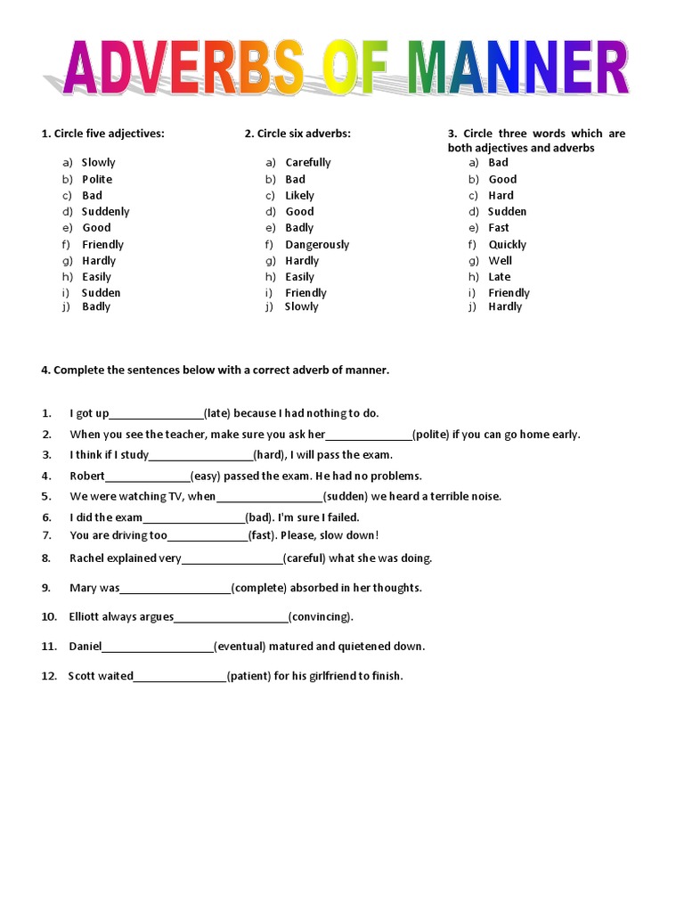 Circle Five Adjectives: 2. Circle Six Adverbs: 3. Circle Three Words ...