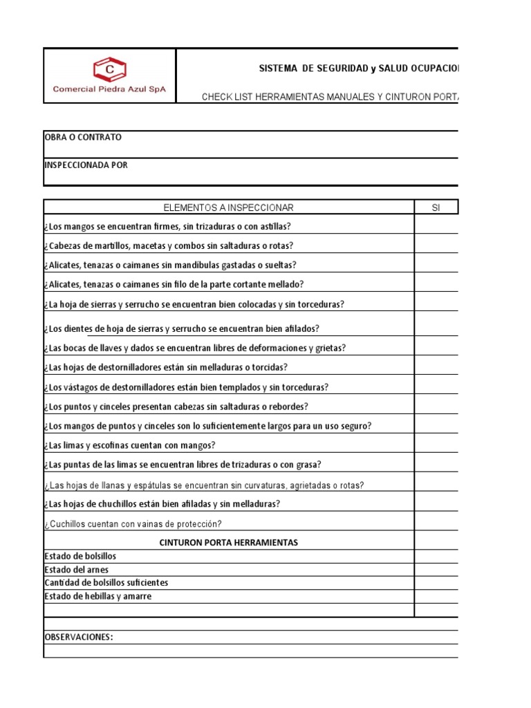 Check List Herramientas Manuales y Cinturon | PDF | Hogar, jardinería y ...