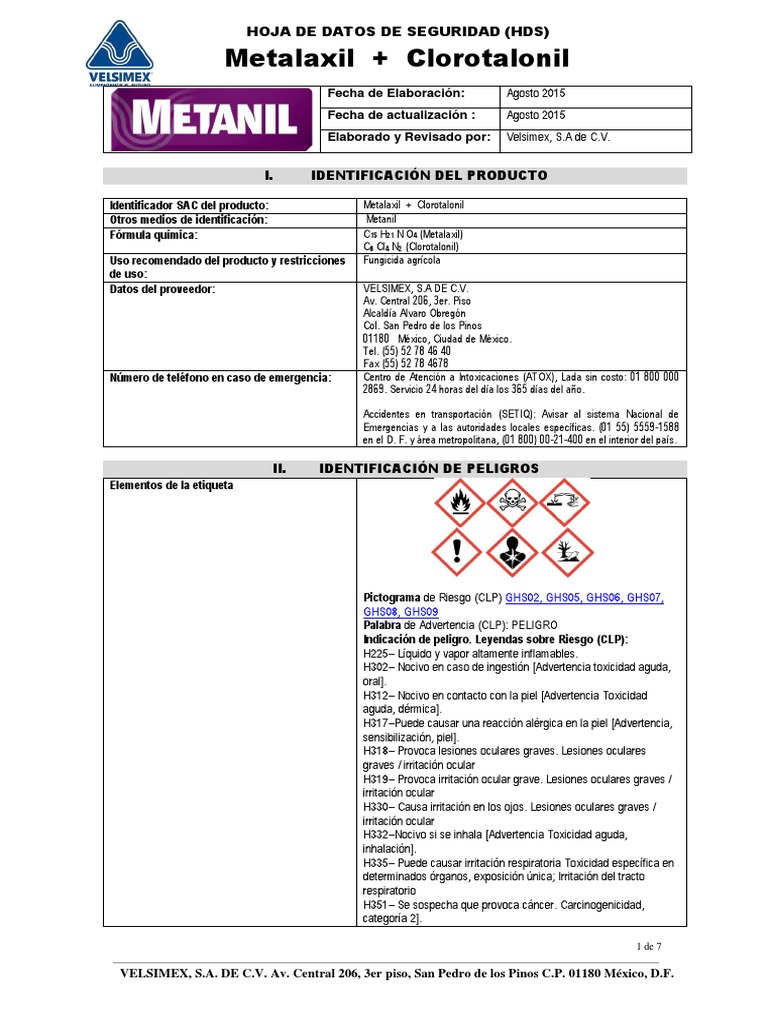 Hoja de Seguridad Metanil | PDF | Agua | Residuos