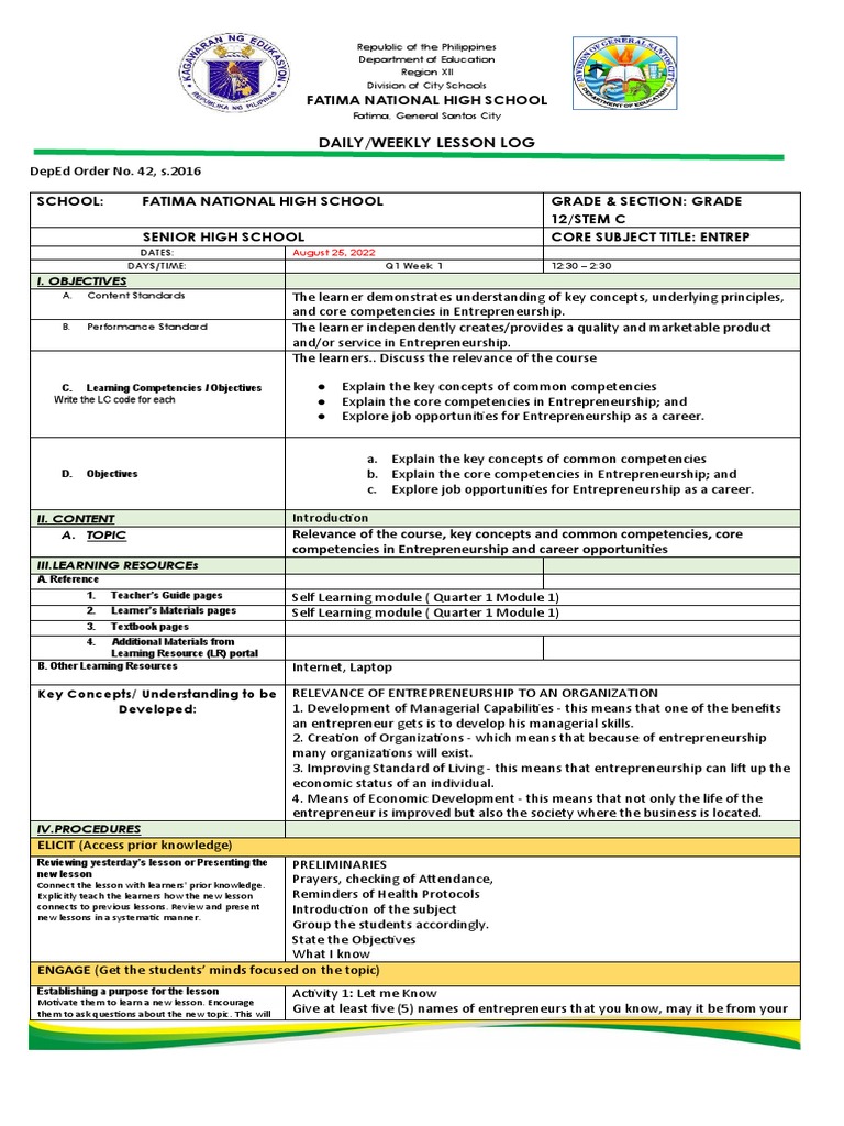 LP DLL Entrep W1Q1 2022 Aujero | PDF | Entrepreneurship | Learning