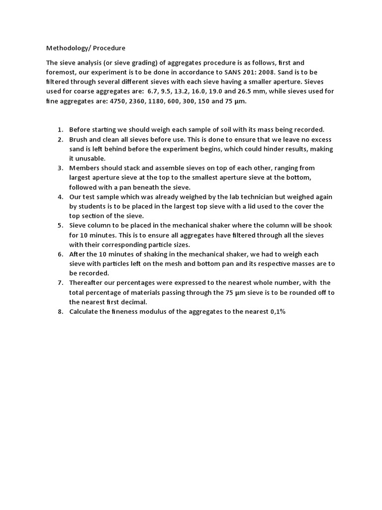 Methodology Sieve Analysis Lab 1 | PDF
