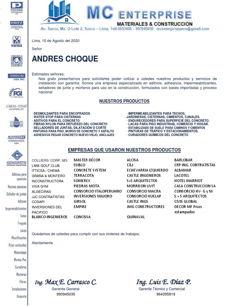 Andres Choque, Carta de Presentacion - MC Enterprise | PDF