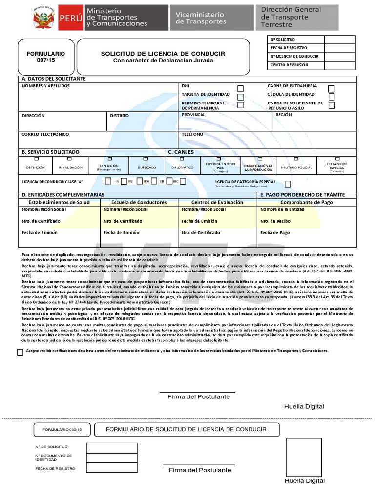 Formulario de Solicitud de Licencia MTC | PDF | Licencia de conducir ...