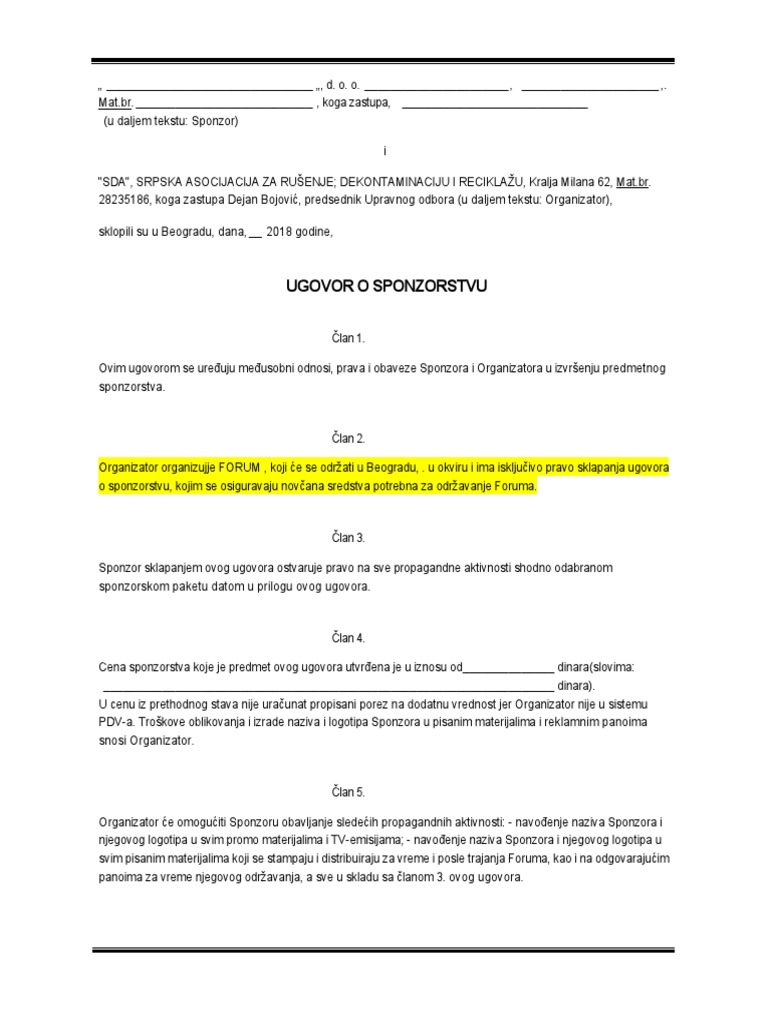 Ugovor o Sponzorstvu | PDF