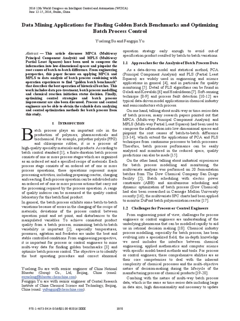 Data Mining Applications For Finding Golden Batch Benchmarks and ...