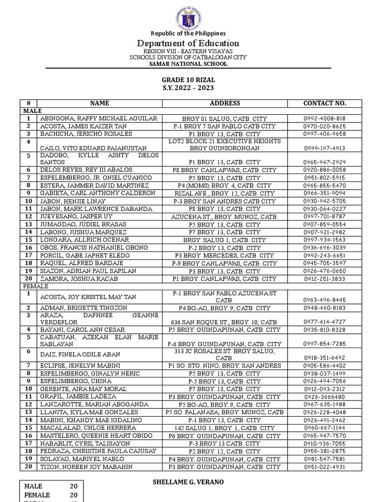 Grade 10 Rizal and Bonifacio Class Lists | PDF