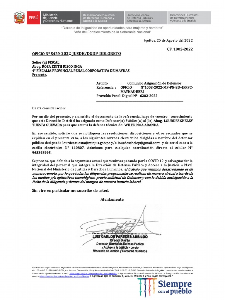 Oficio 5429-2022 - Se Comunica Asignacion de Defensor | PDF | Gobierno | Justicia