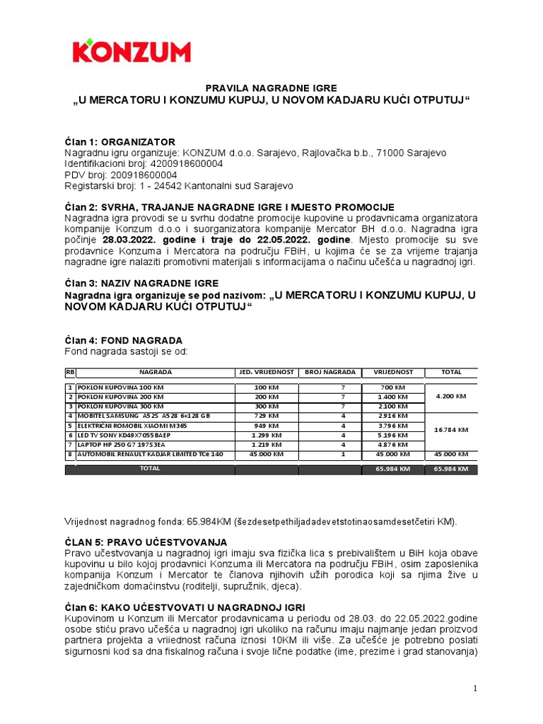 Pravila Nagradne Igre KONZUM I MERCATOR Za FBiH | PDF