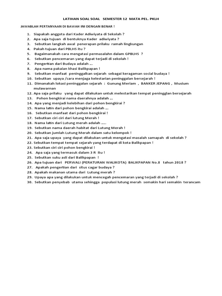 Latihan Soal Soal Semester 12 Mata Pel PKLH 2022 | PDF