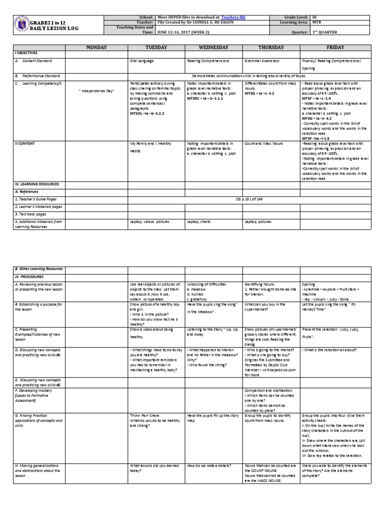 Grade 3 DLL MTB 3 Q1 Week 2 | PDF | Reading Comprehension | Communication