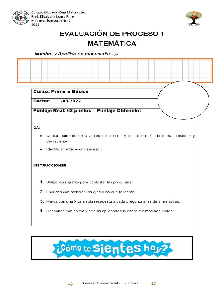 1° Básico - Matemáticas - Evaluación de Proceso 1 | PDF