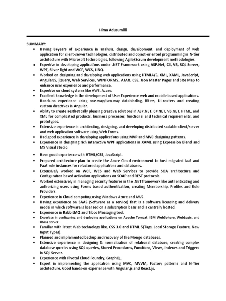 Hima Adusumilli Summary | PDF | Microsoft Sql Server | Microsoft Visual Studio