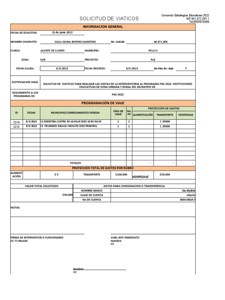 Formato Viaticos 25 Al 29 de Junio de 2022 | PDF