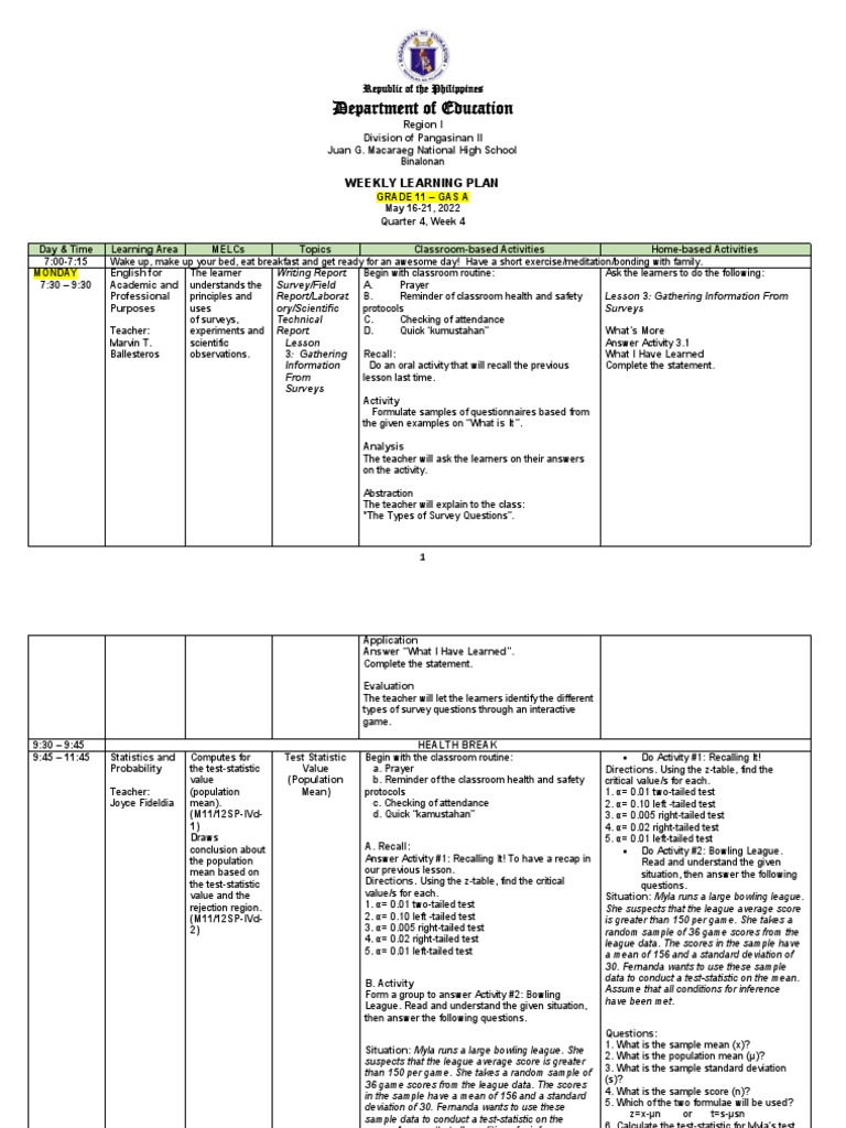 Department of Education: Weekly Learning Plan | PDF | Educational Technology | Information And ...