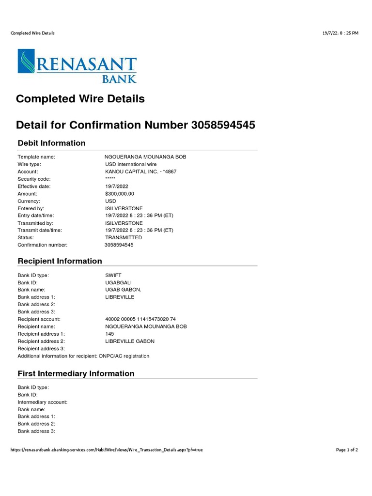Completed Wire Details Detail For Confirmation Number 3058594545 | PDF ...