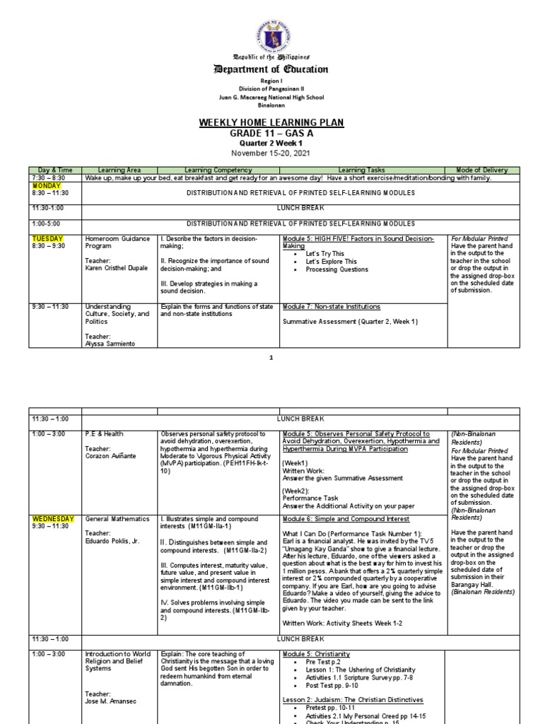 Department of Education: Weekly Home Learning Plan Grade 11 - Gas A | PDF