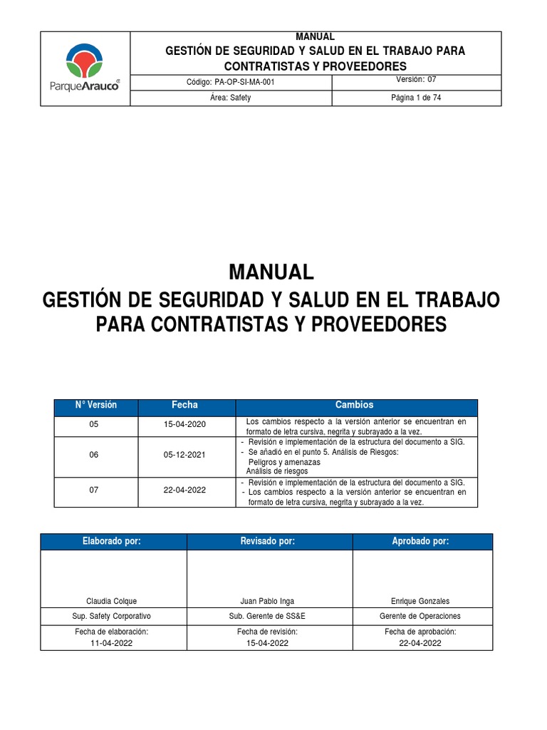 PA-OP-SI-001 Manual de Gestión de SST para Contratistas v7 | PDF | Ciencias de la Salud | La ...